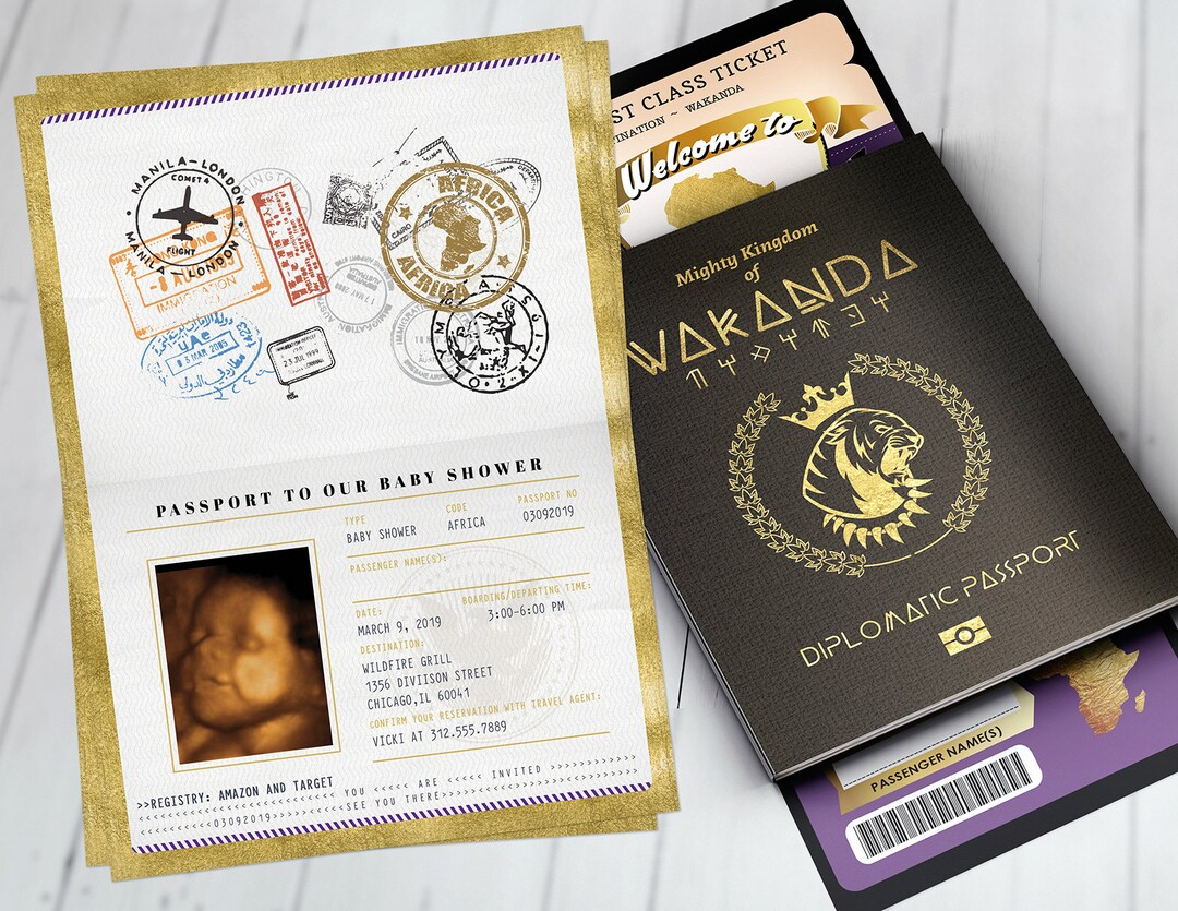 PASSPORT and TICKET Baby Shower Invitation, Wakanda, Africa Passport ...