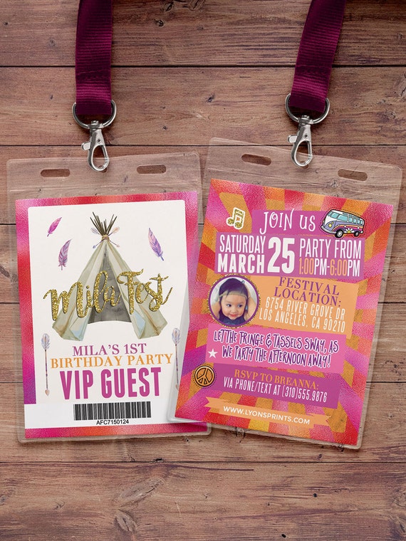 VIP pass, Festival Birthday Invitation, Boho Chic Birthday Invitation ...