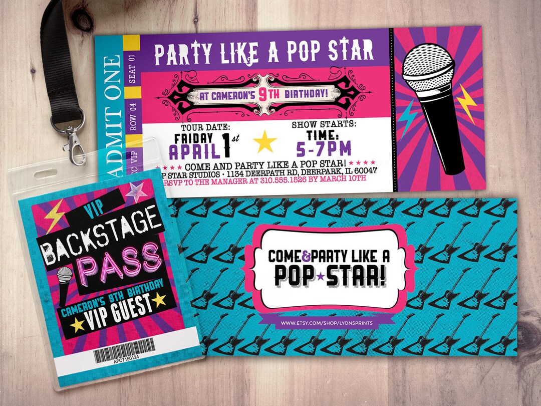 Pop Star, Rock Star Concert Ticket Birthday Party Invitation Music ...