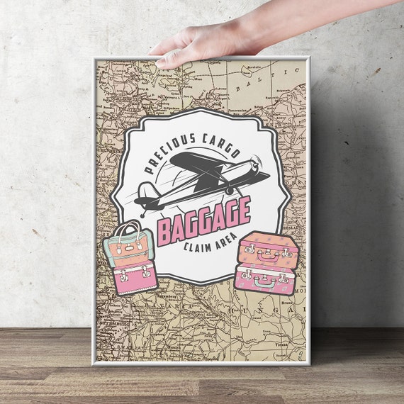 Precious Cargo, table signs, Baby Shower, vintage airplane, luggage ...