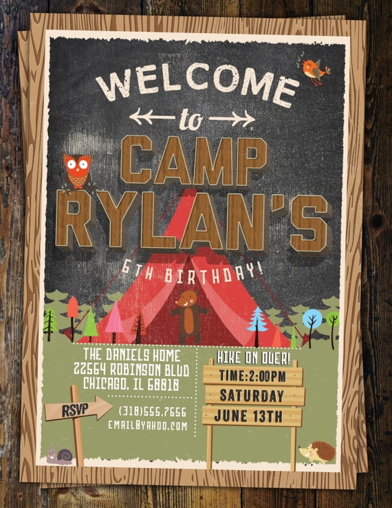 camp birthday, camping birthday, animals, invitation, invite, outdoor ...
