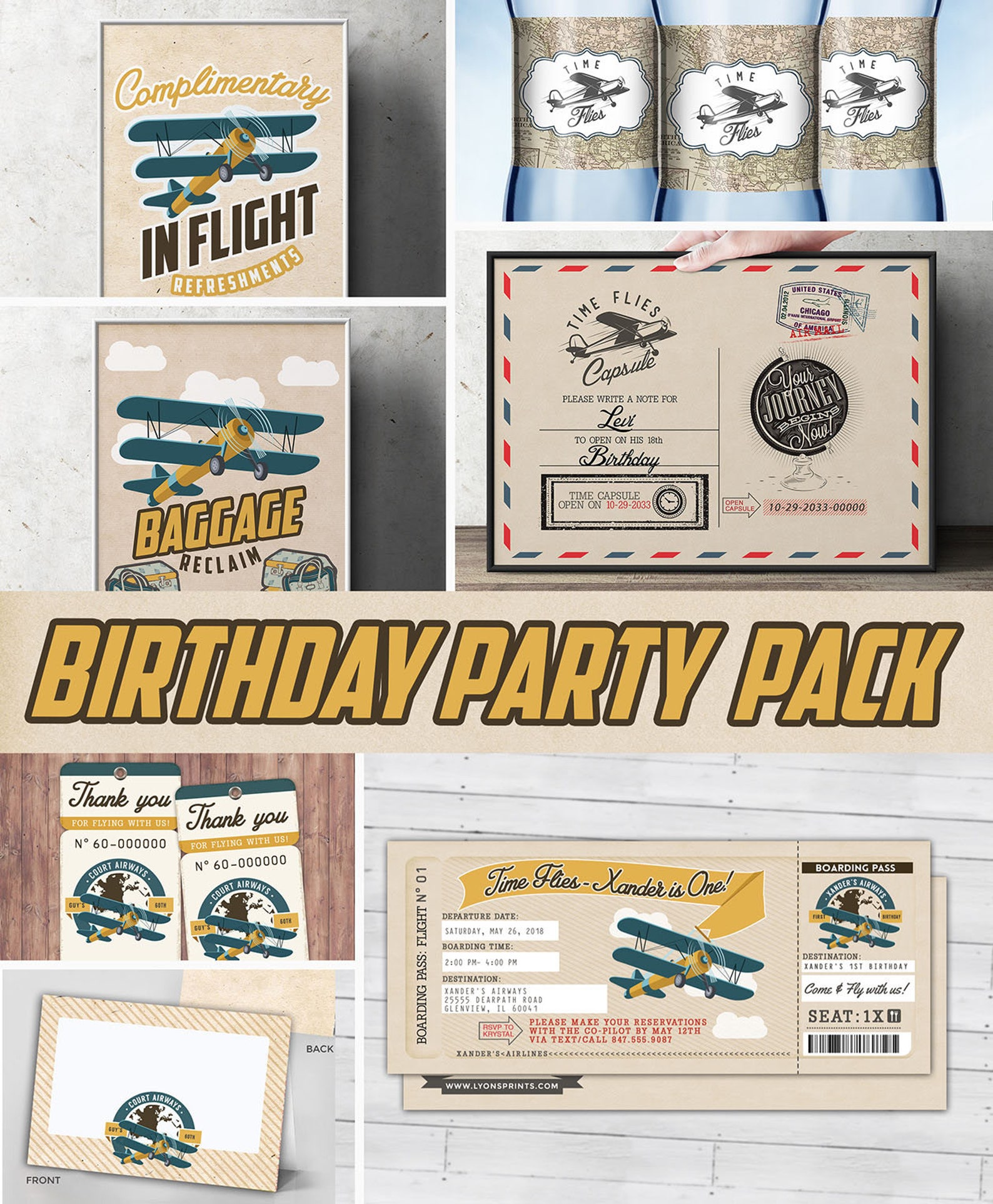 Time Flies Party Pack, Vintage Airplane Invitation, Travel Party ...