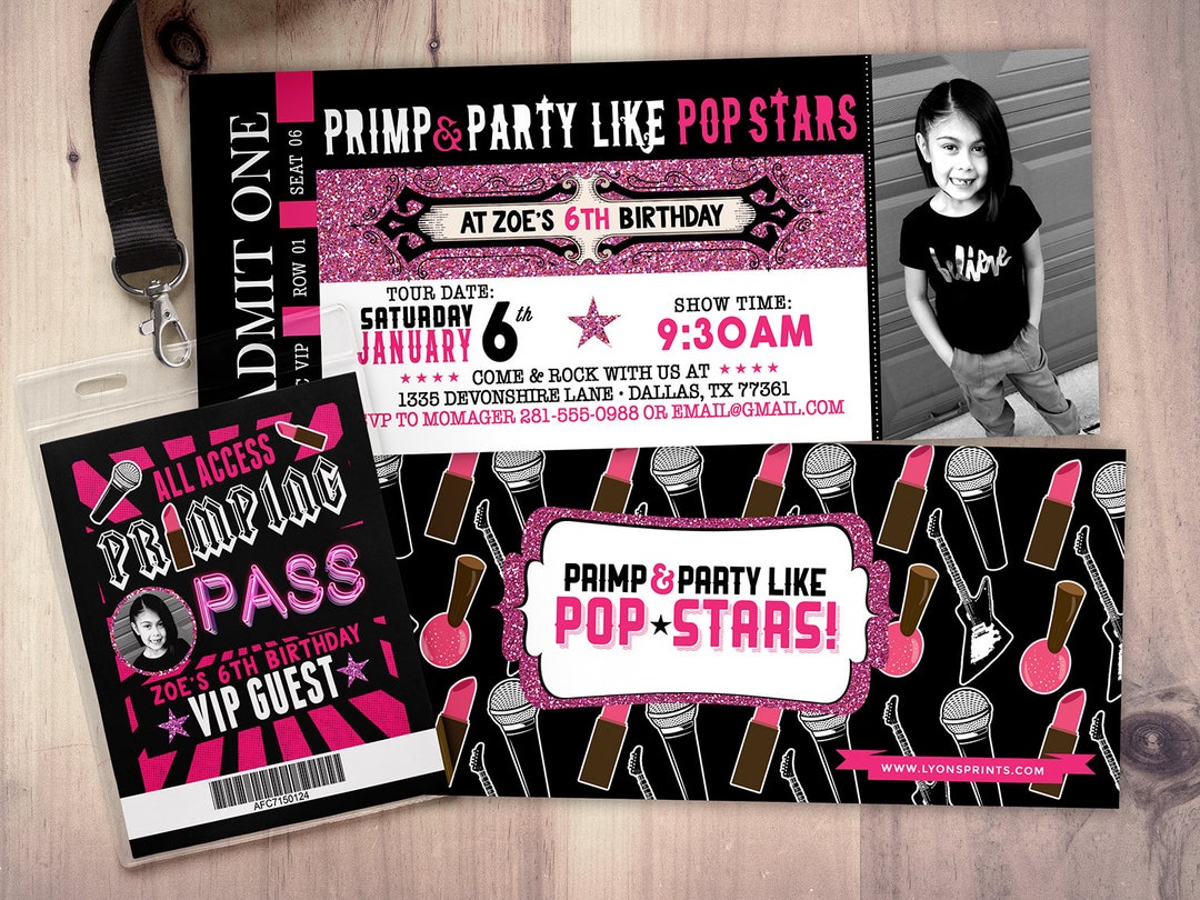 Spa Party, Pop Star, Rock Star Concert Ticket Birthday Party Invitation ...