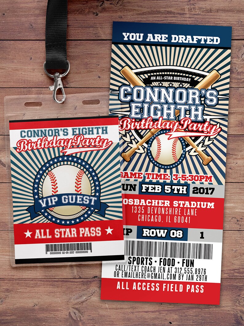 Baseball Ticket Invitation // All Star Birthday // VIP Pass,, Baseball ...