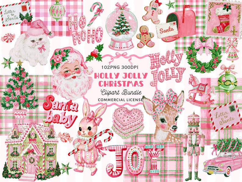 Pink Retro Christmas Clipart Bundle, Vintage Holiday PNG, Santa, Candy ...