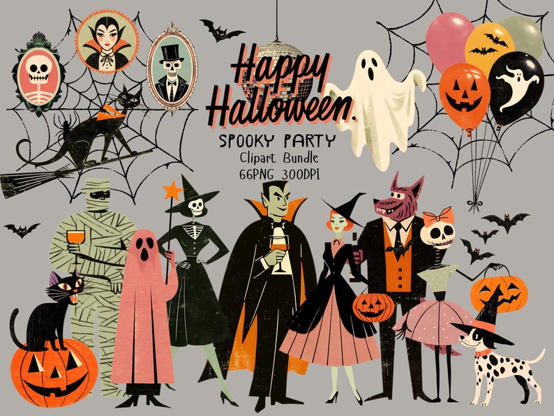 Retro Halloween Clipart Bundle, Spooky Graphics, Witch Vampire Ghost ...
