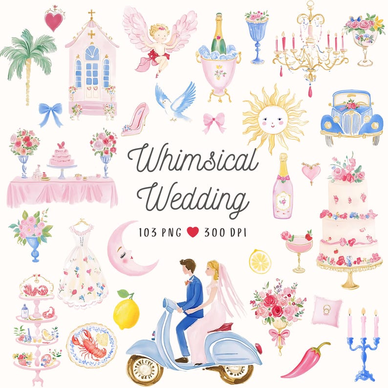 Whimsical Wedding Clipart – Pastel Bride & Groom, Cake, Bouquet, Food ...