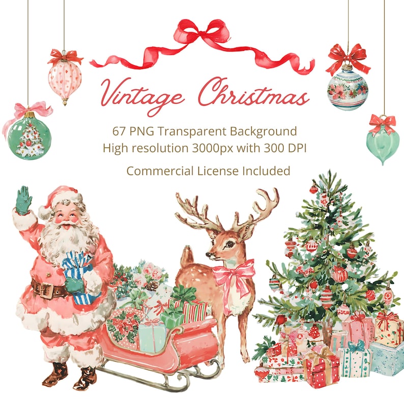 Vintage Christmas Clipart Bundle: Classic Watercolor Holiday Graphics ...