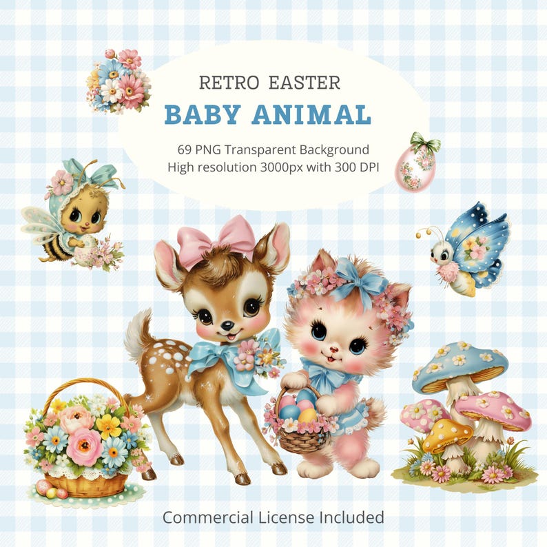 Vintage Easter Baby Animals Clipart | Retro Bunny, Lamb, Chick, Deer ...