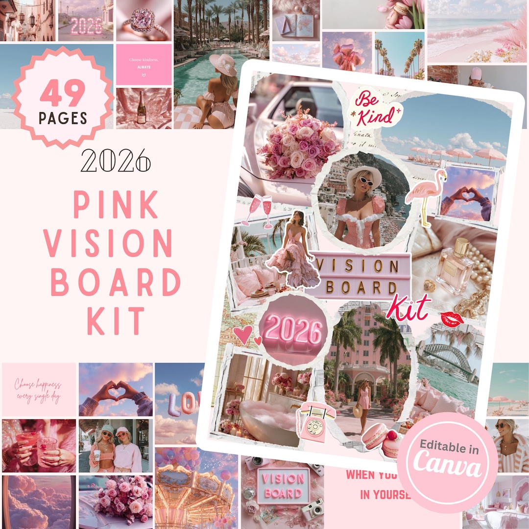 2026 Pink Vision Board Kit: 350+ Elements, Images, Stickers, and Canva ...