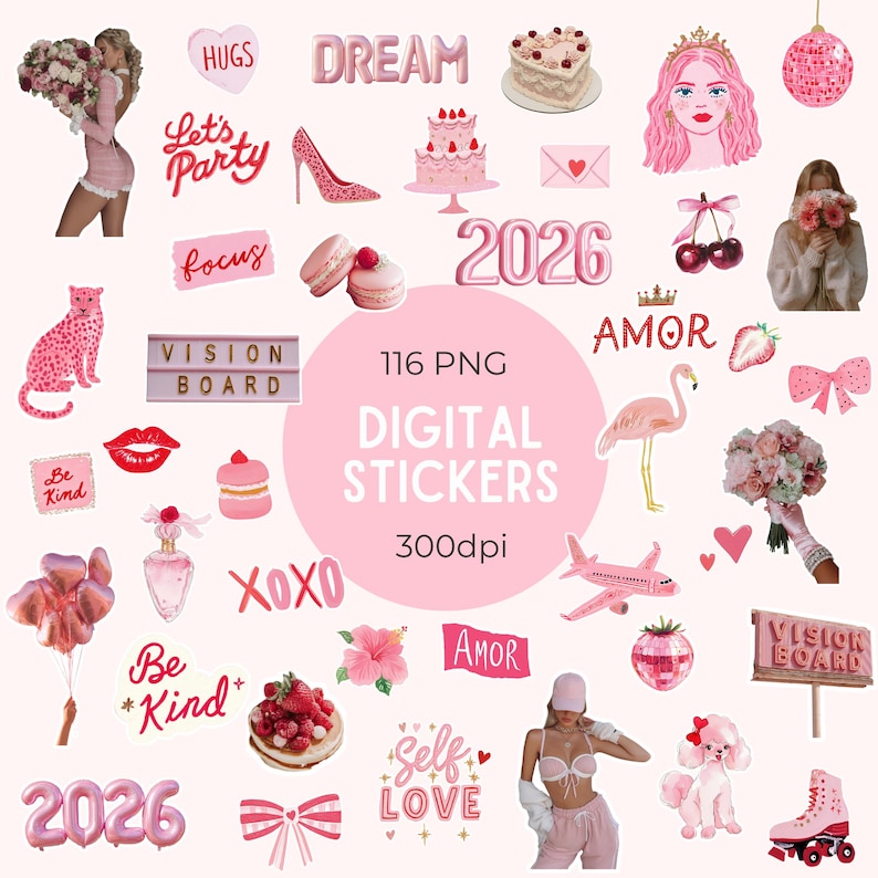 2026 Pink Vision Board Kit: 350+ Elements, Images, Stickers, and Canva ...