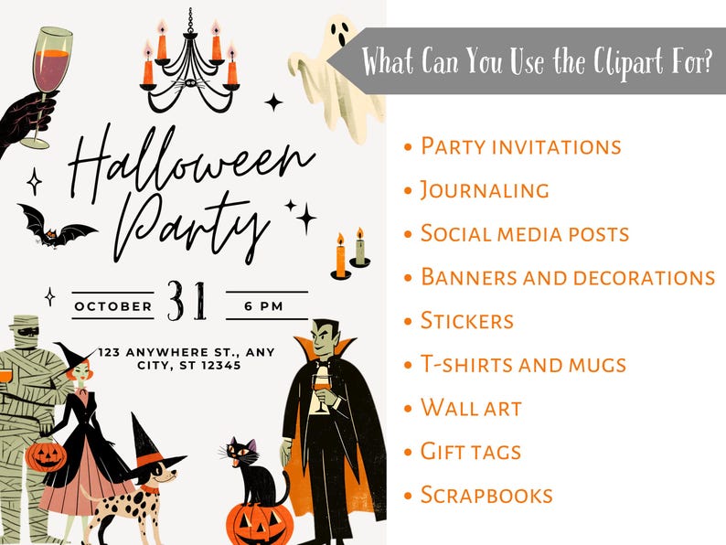 Retro Halloween Clipart Bundle, Spooky Graphics, Witch Vampire Ghost ...