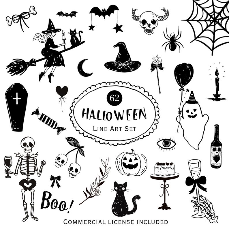 Halloween Line Art Clipart Set: Spooky 62 PNG Illustrations (digital ...