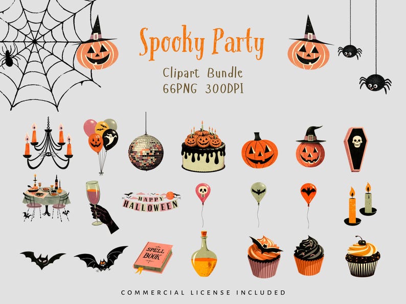 Retro Halloween Clipart Bundle, Spooky Graphics, Witch Vampire Ghost ...