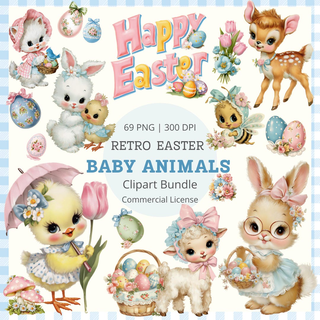 Vintage Easter Baby Animals Clipart | Retro Bunny, Lamb, Chick, Deer ...