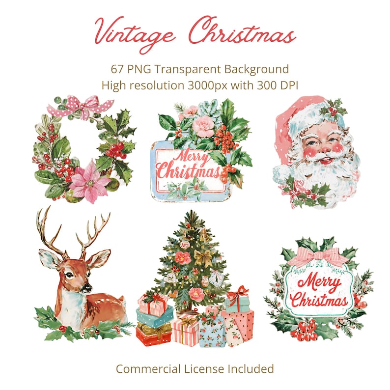 Vintage Christmas Clipart Bundle: Classic Watercolor Holiday Graphics ...