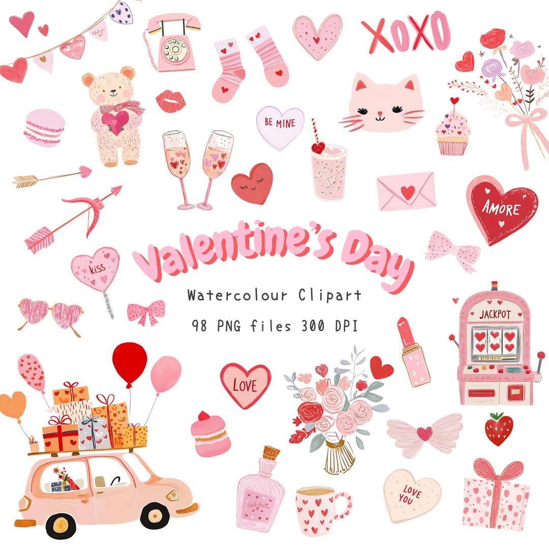 Watercolor Valentine's Day Clipart: Pink and Red 98 PNG Images (digital ...