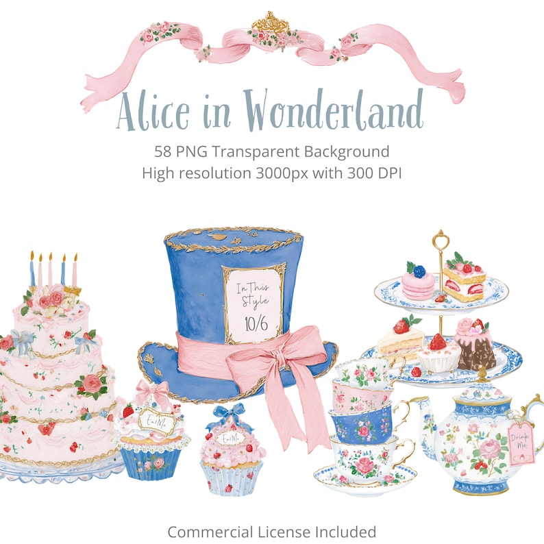Alice in Wonderland Clipart | Watercolor Tea Party PNG (300 DPI) - Etsy