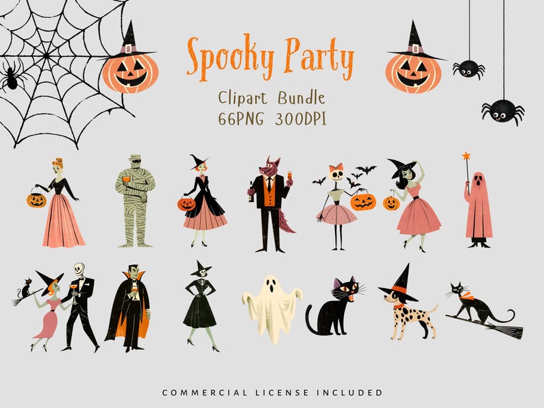 Retro Halloween Clipart Bundle, Spooky Graphics, Witch Vampire Ghost ...