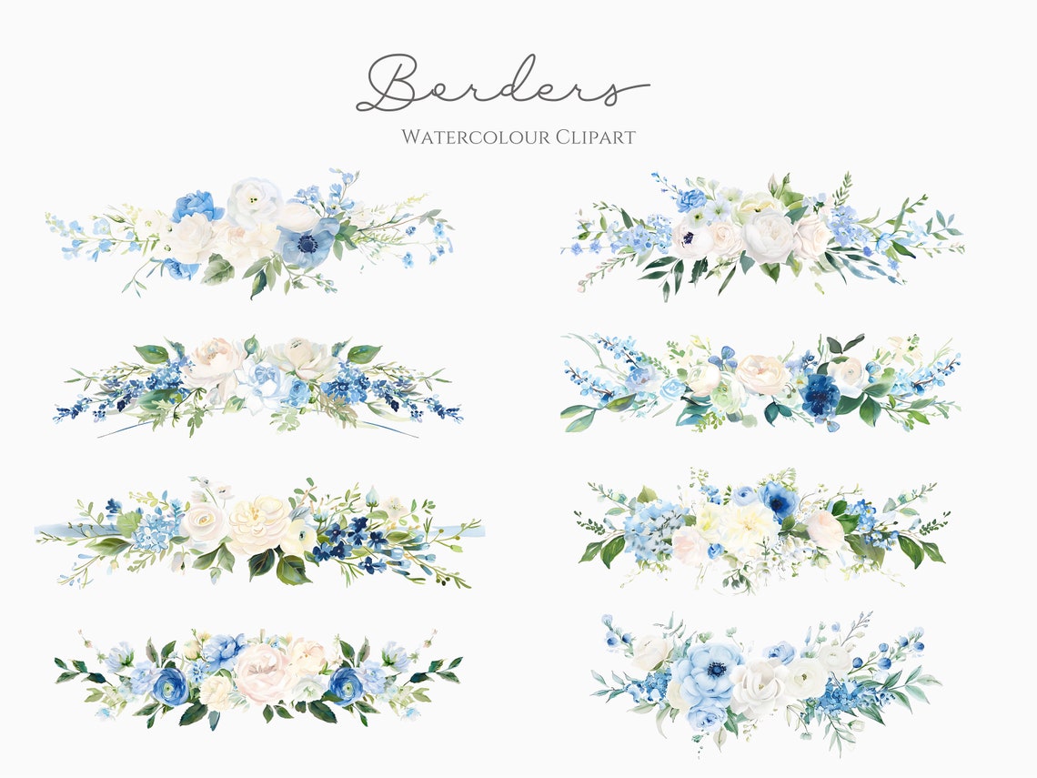 Watercolor Blue Floral Clipart: Wedding Frames & Bouquets (digital ...