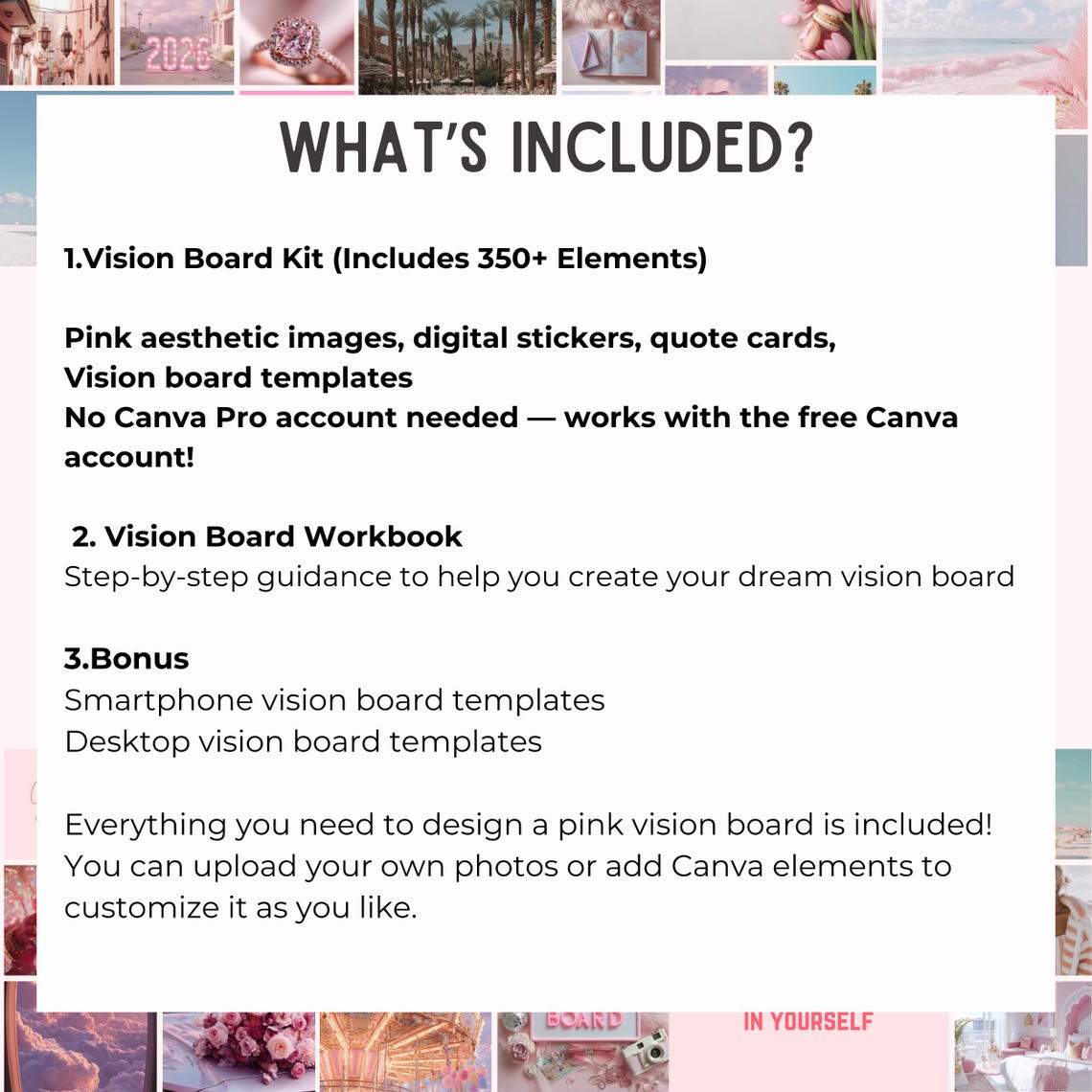 2026 Pink Vision Board Kit: 350+ Elements, Images, Stickers, and Canva ...