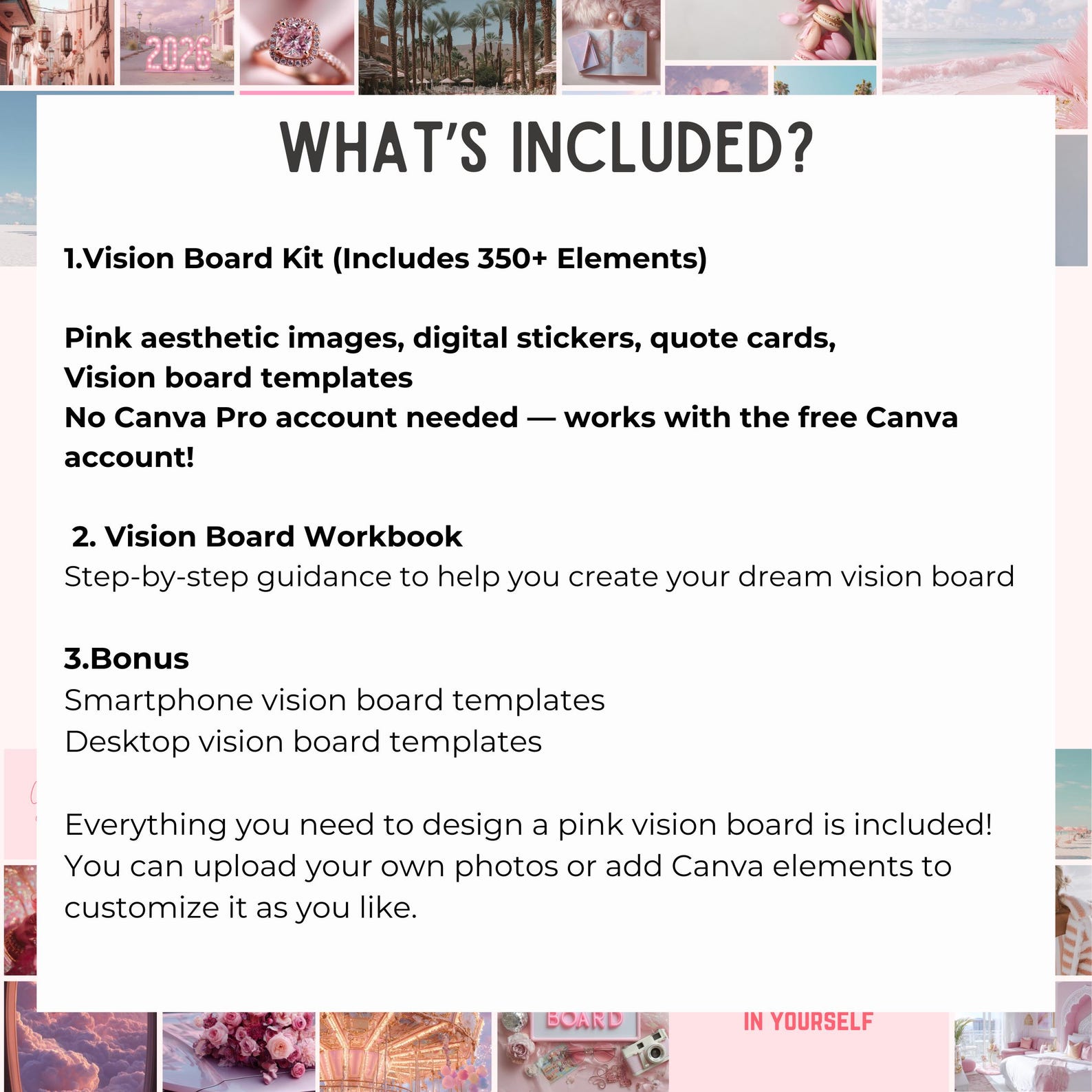 2026 Pink Vision Board Kit: 350+ Elements, Images, Stickers, and Canva ...