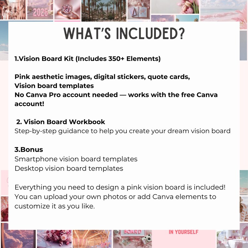 2026 Pink Vision Board Kit: 350+ Elements, Images, Stickers, and Canva ...