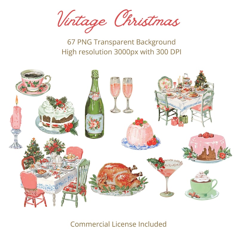 Vintage Christmas Clipart Bundle: Classic Watercolor Holiday Graphics ...