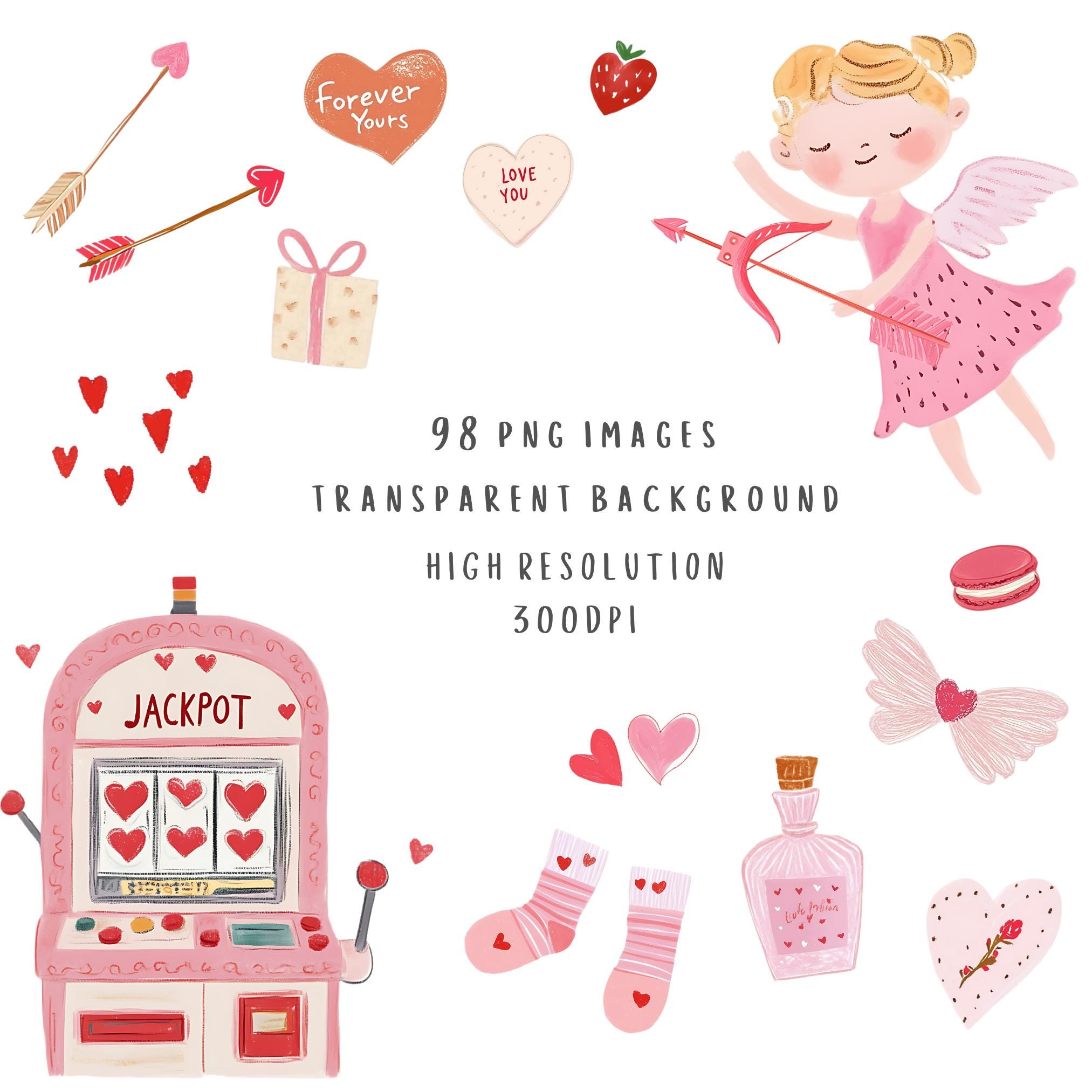 Watercolor Valentine's Day Clipart: Pink and Red 98 PNG Images (digital ...