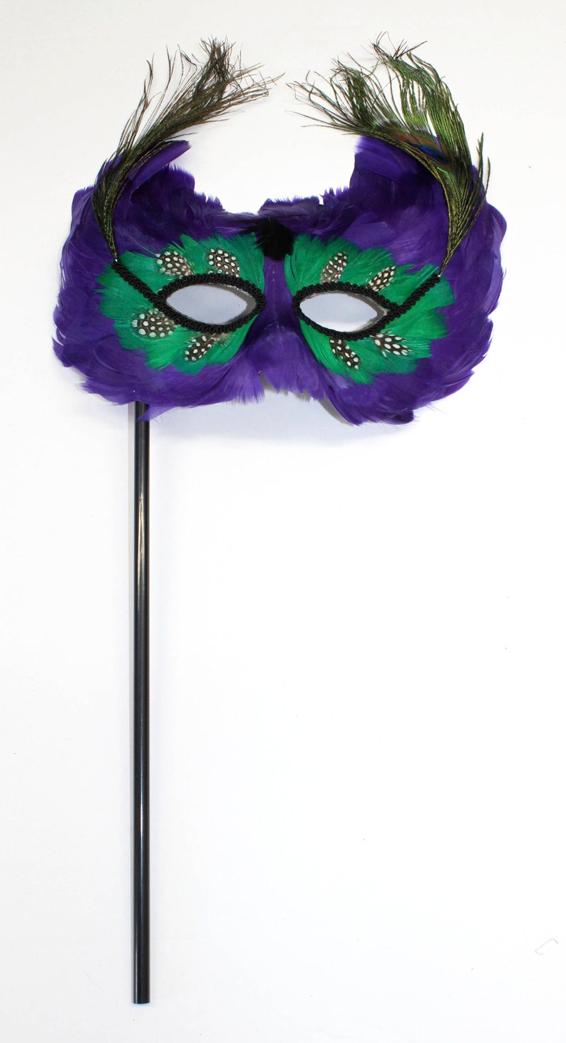 Peacock Feather Masquerade Mask With Stick Mardi Gras Mask Etsy