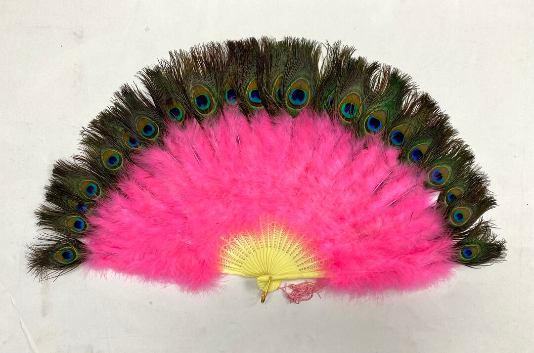 SHOCKING PINK Marabou Feather Fan W/ Peacock 30" X 15" Opens & Closes ...