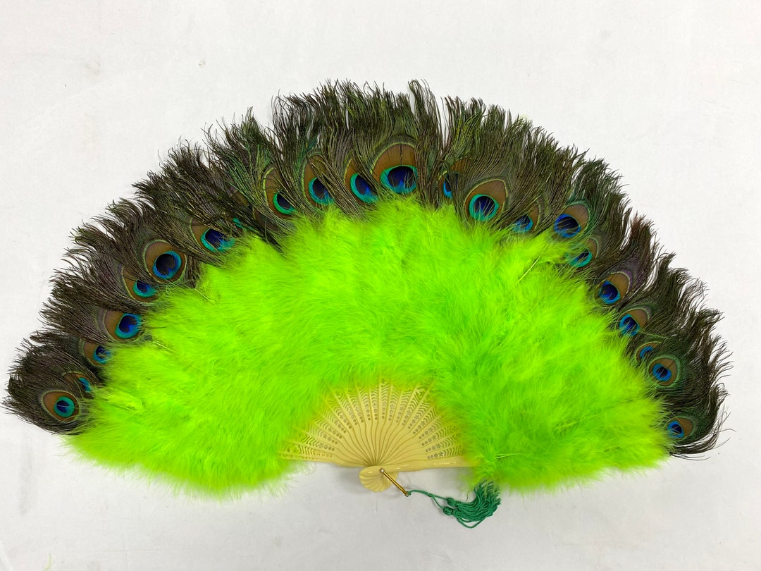 LIME GREEN Marabou Feather Fan W/ Peacock 30" X 15" Opens & Closes for ...
