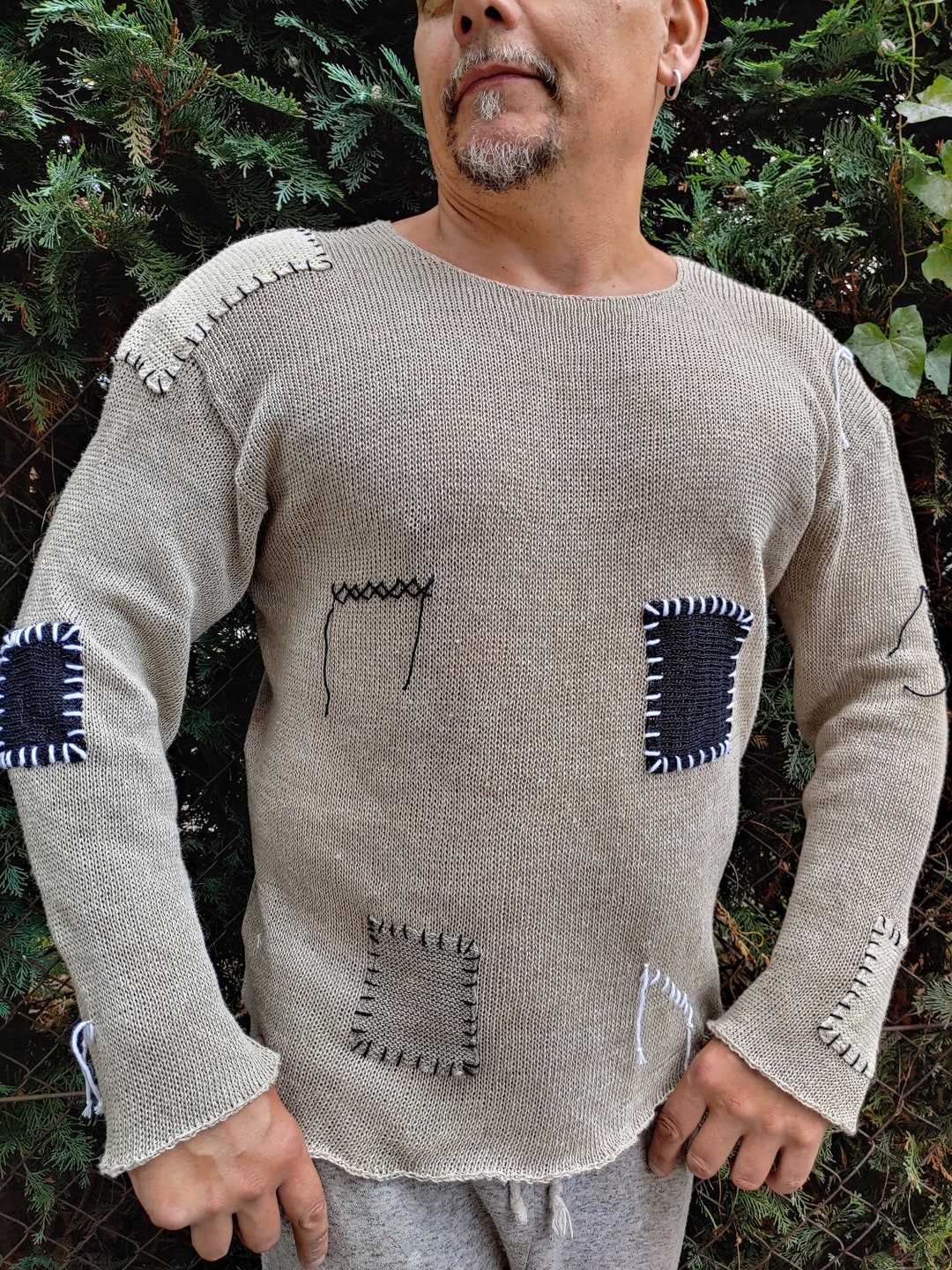 UNIQUE Linen Knit Sweater for Men Patched Sweater Sweatshirt - Etsy