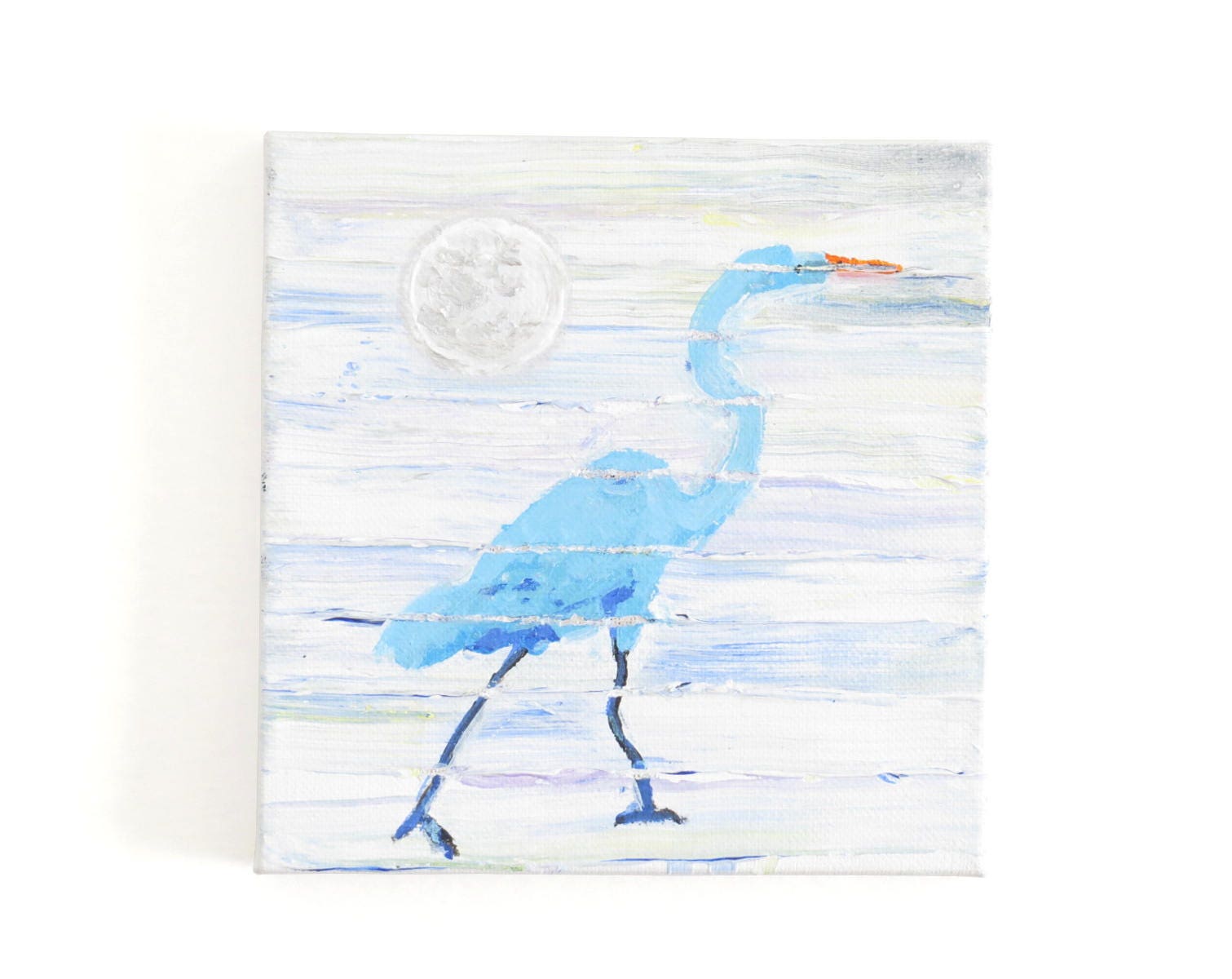 Original Egret Painting, Full Moon Painting, Florida Bird Art, Crane ...