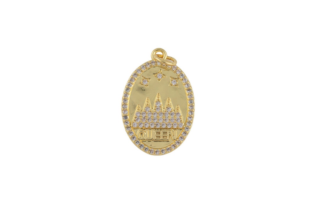 1 Pc 18k Gold Micro Pave Queen Word Charm Oval Pendant Charm for ...