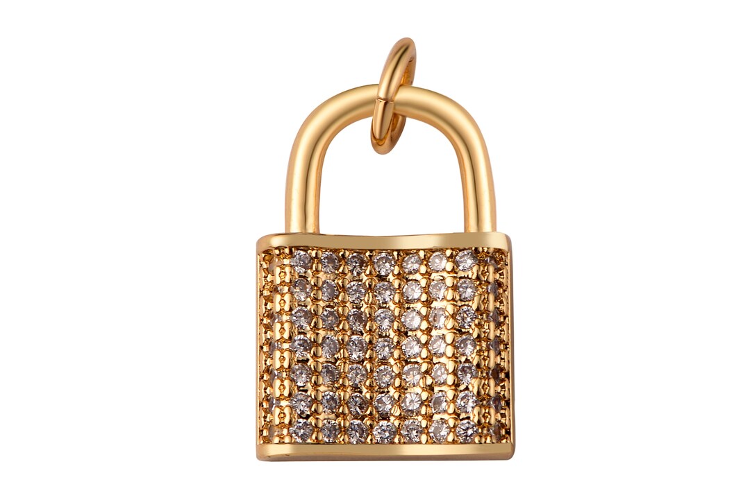 12x17mm Dainty Padlock Lock Charm 18k Gold Micro Pave Charm, Silver ...