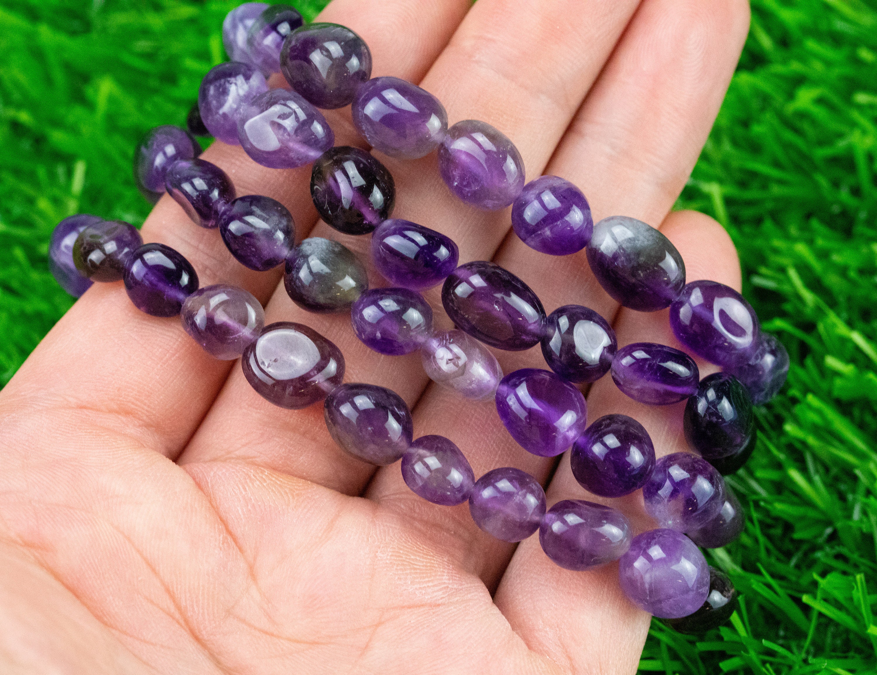 Amethyst Stretchy String Oval Bracelet Natural Crystal Gemstone Crystal ...