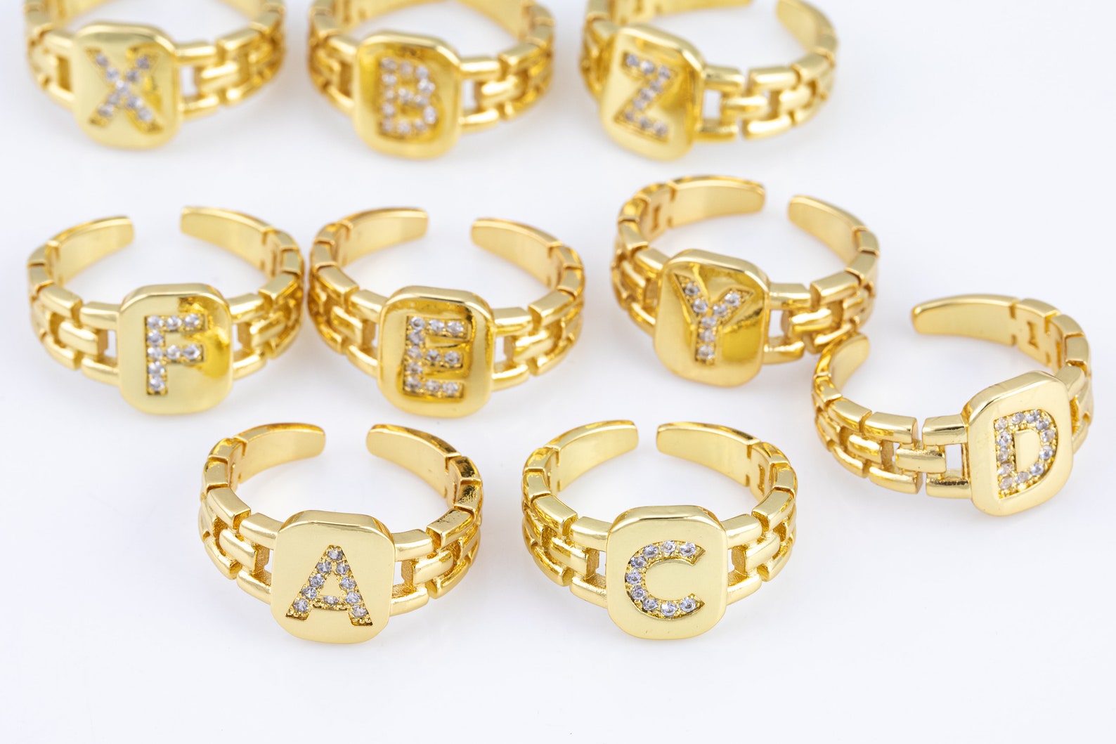 Cz Initial Gold Ring Alphabet Ring Gold Stacking Ring Adjustable Ring ...