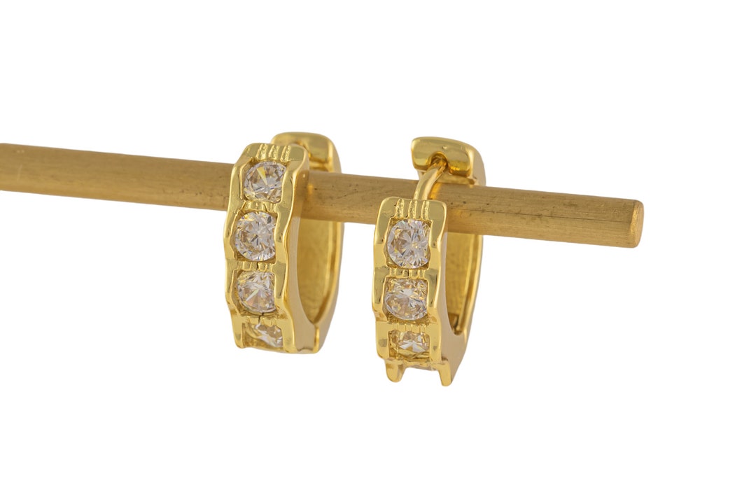 16mm 18kt Gold Huggie Hoops- 16mm CZ Hoop Earring With CZ Set- 1 Pair ...