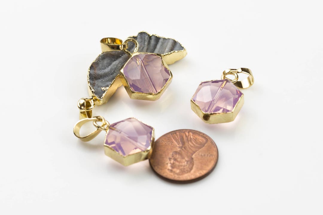Cute!! Gorgeous Pink Opal Wrapped Crystal Hydro Quartz Hexagon ...