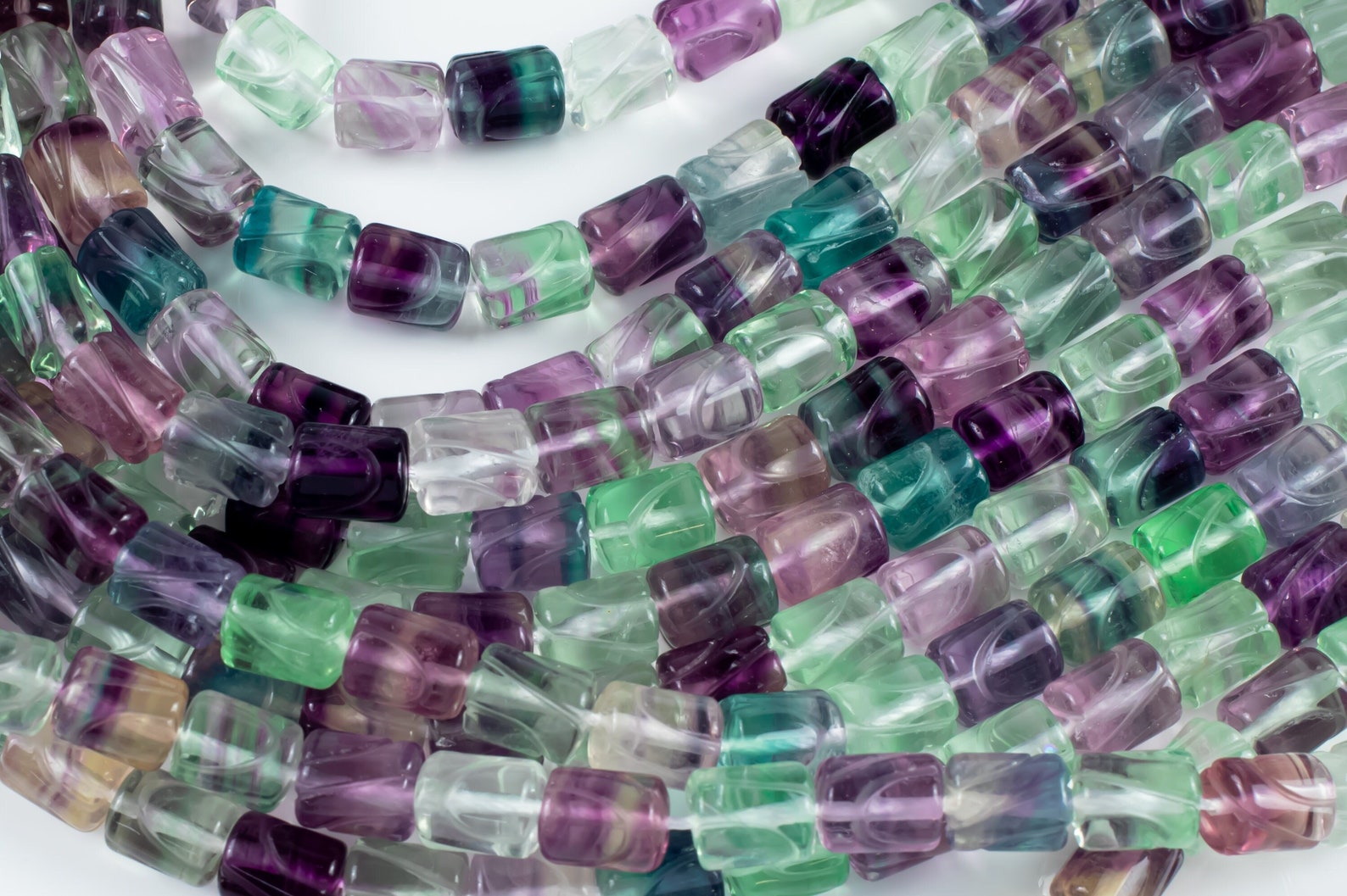 Natural Rainbow Fluoride Carved Barrel Full Strands-15.5 Inches-8x10mm ...