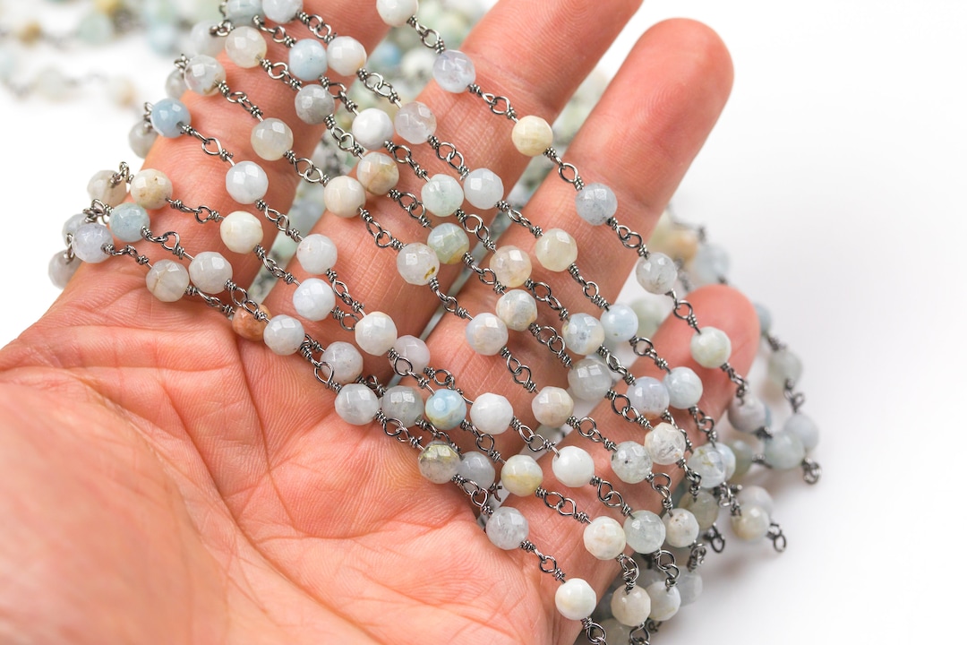 Blue Aquamarine Rosary Chain- 6mm Faceted Round Gunmetal Plated Brass ...