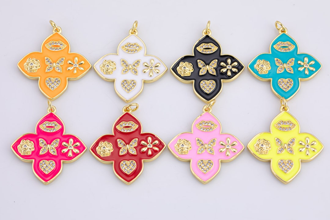 Enamel Cross Charm Pendant With Cute Designs 14k Gold CZ Pave Cubic ...