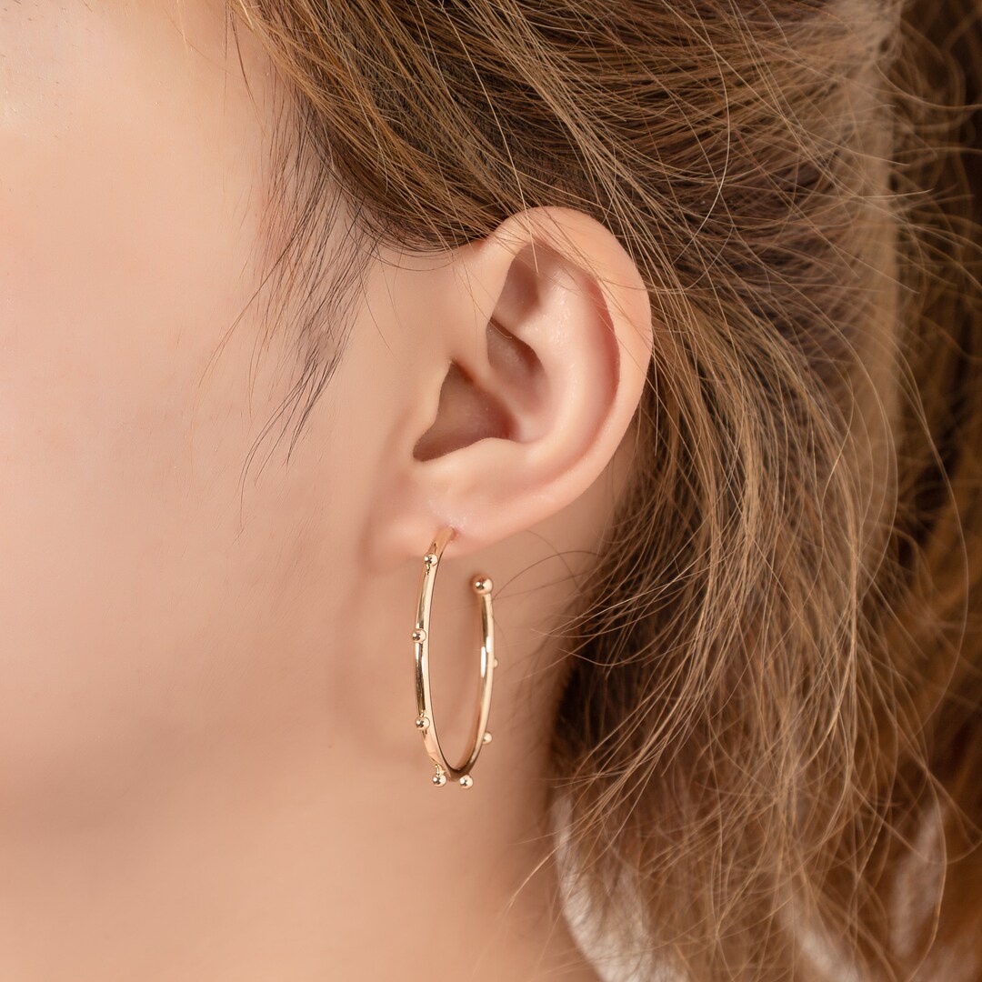 2 Pcs- 18K Gold Ball Hoop Earrings, Beaded Hoop Earrings, Boho Hoop ...