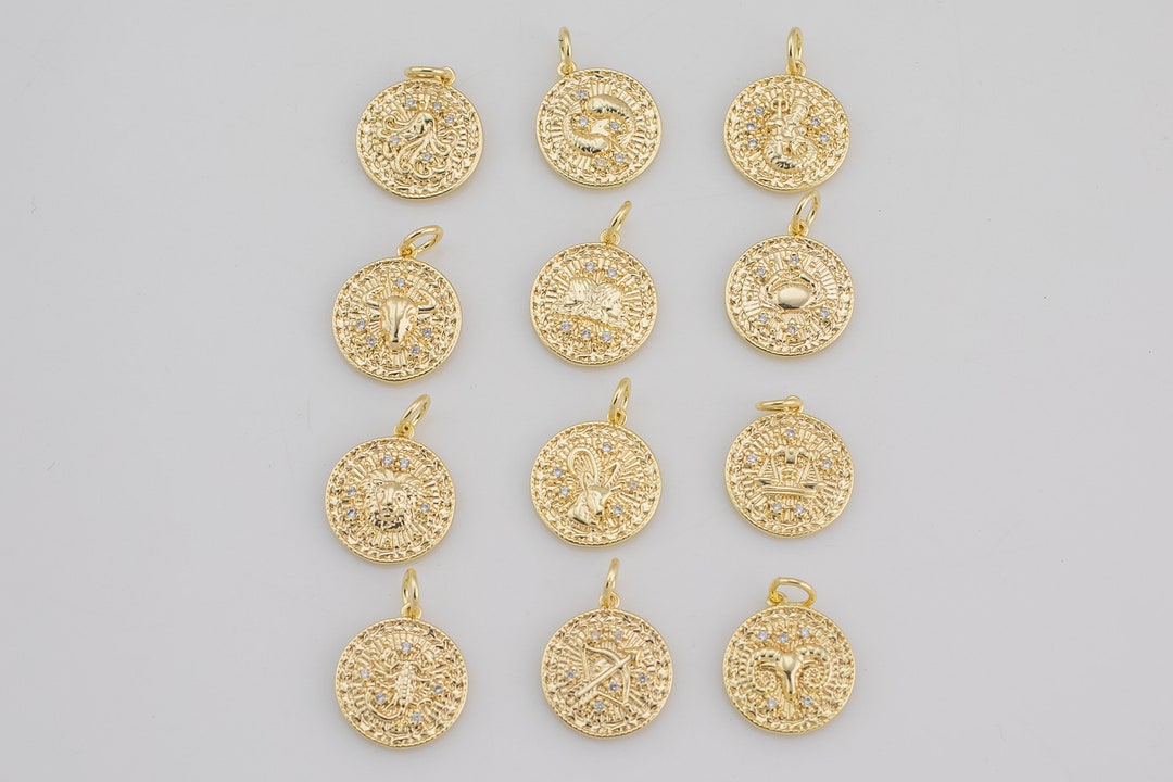 Dainty 18K Gold Zodiac Horoscope Sign Medallion Pendant Sparkle Astro ...