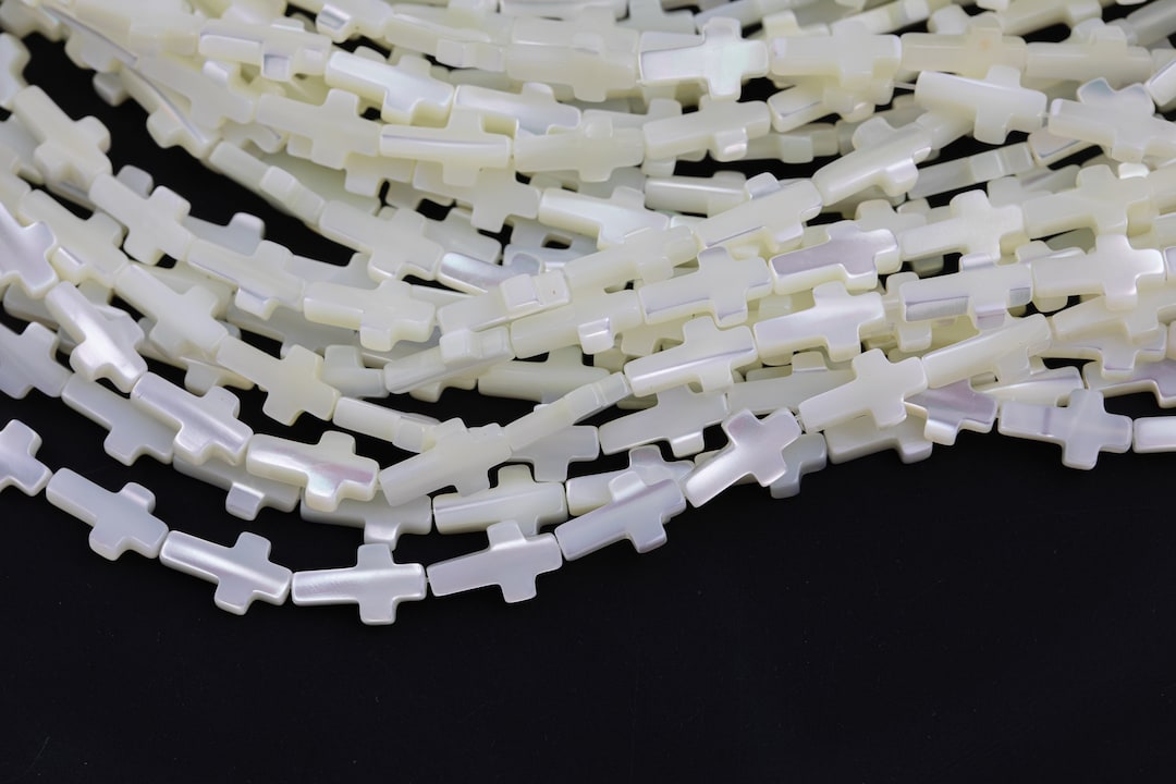 Iridescent White Mother of Pearl MOP Shell Cross Beads- 7x9mm and ...