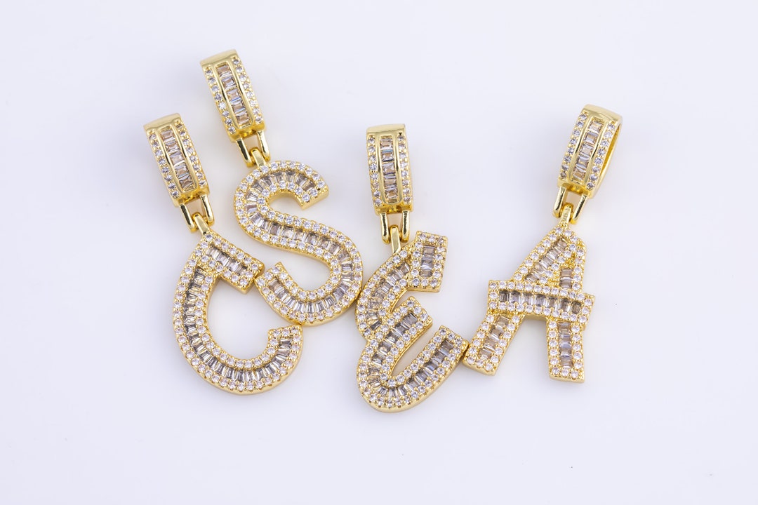 14k Gold Large Letter Charm Clear Color CZ Cubic A - Z Alphabet Letter ...