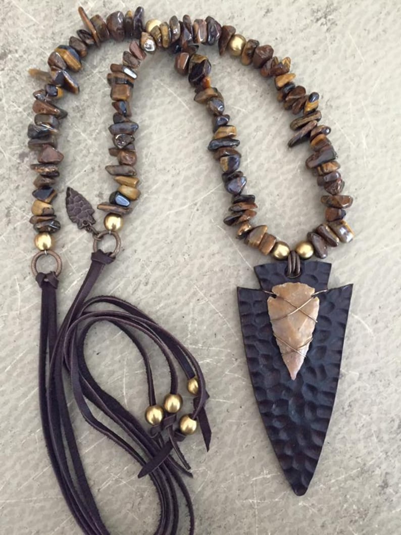 ARROW HAWK II Necklace, Hand Tooled Leather Arrow Head, Tiger Eye Beads ...