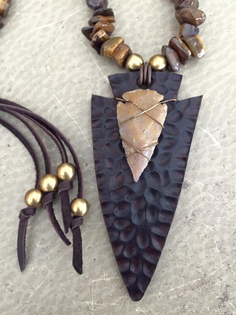 ARROW HAWK II Necklace, Hand Tooled Leather Arrow Head, Tiger Eye Beads ...