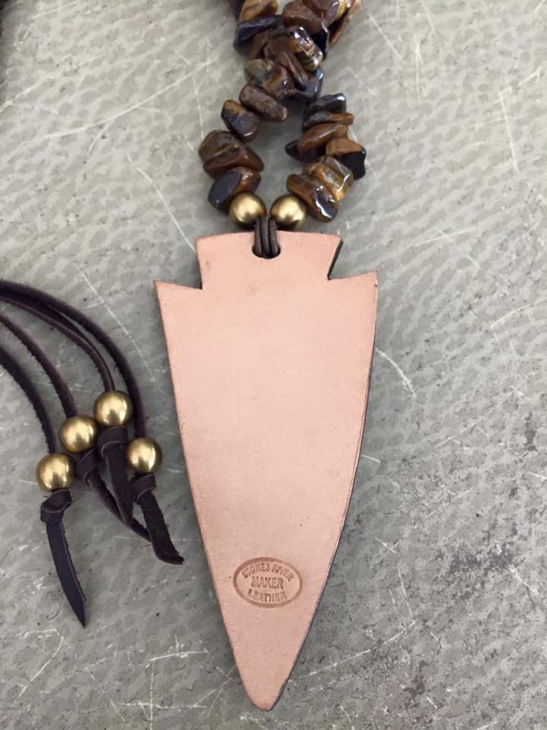 ARROW HAWK II Necklace, Hand Tooled Leather Arrow Head, Tiger Eye Beads ...